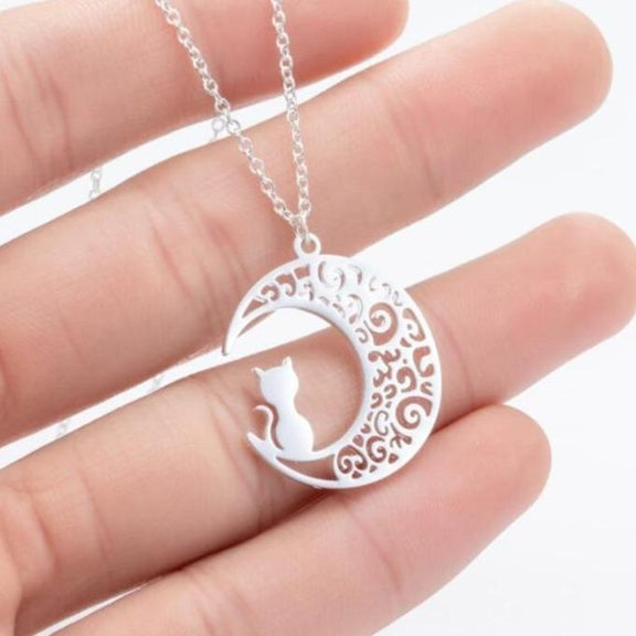 Collier argenté chat perché sur la lune | Le Petit Fermier